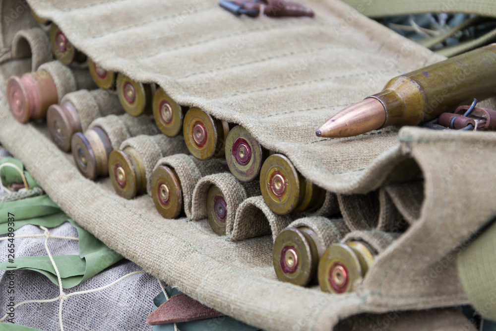 Packing of cartridges 14.5x114 mm for Degtyarev anti-tank rifle PTRD-41 at the gun show, close ...
