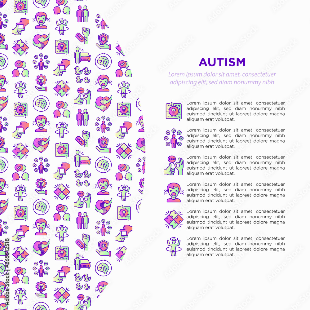 Autism concept, symptoms and adaptive skills thin line icons ...