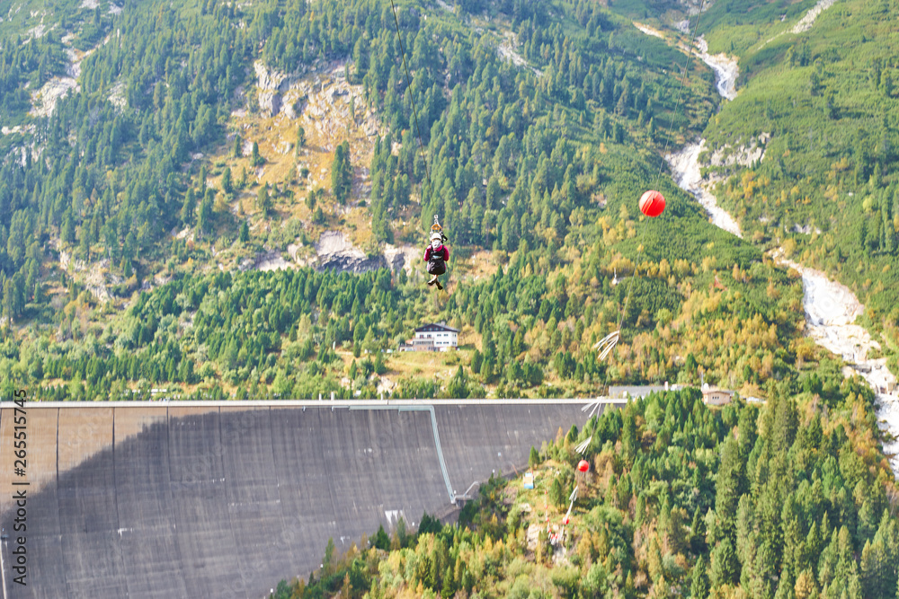 Extreme sports at Reservoir and Dam of "Schlegeis" in the valley of ...