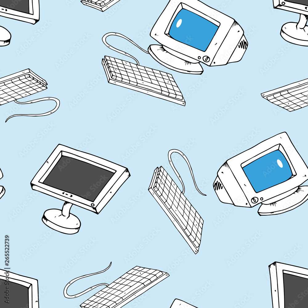 Hand drawn CRT monitor. Seamless pattern. Vector illustration of old ...