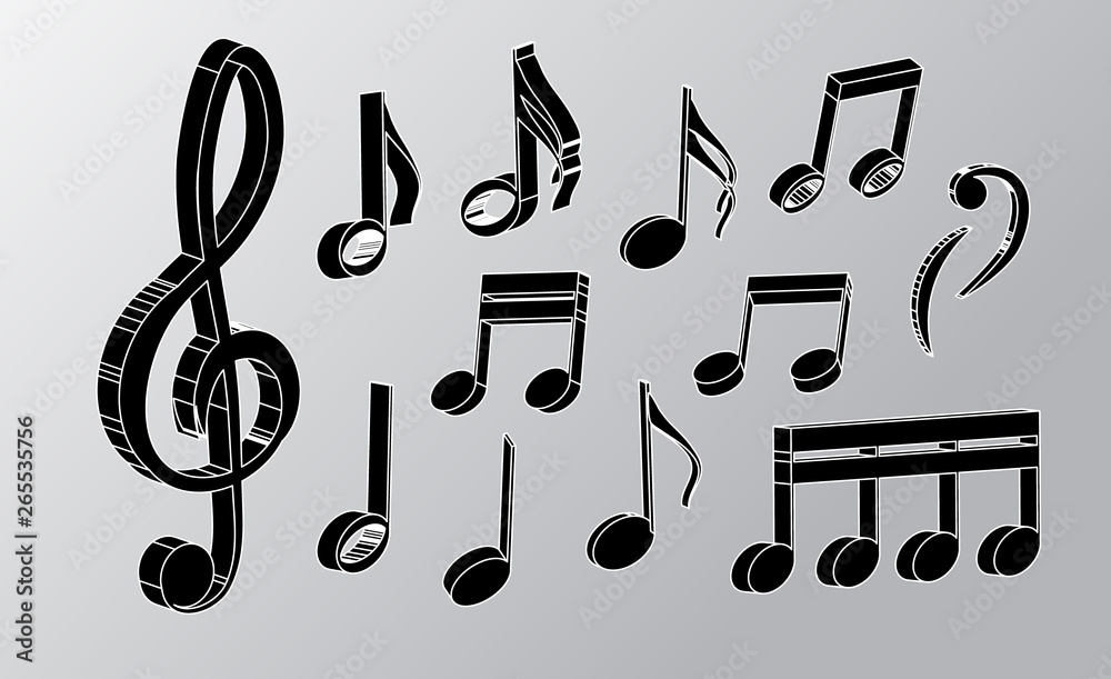 realistic musical notes and treble clef isolated on a light background ...