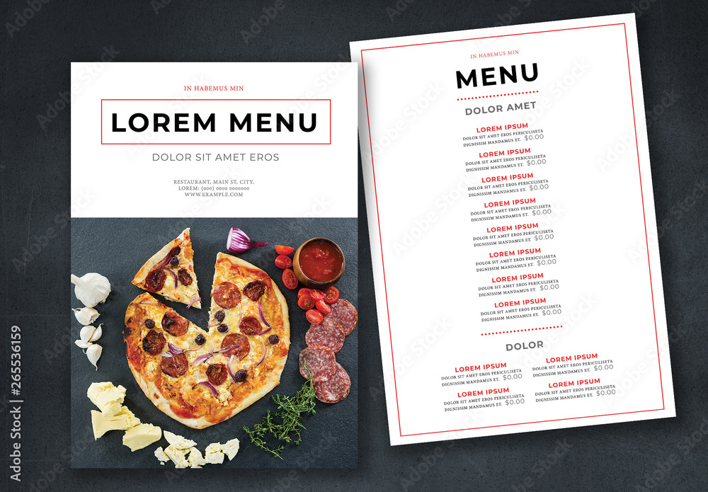 Restaurant Menu with Red Accents and Pizza Photo Stock Template | Adobe ...