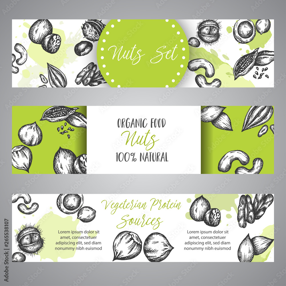 Nuts and Seeds banner set hand drawn vector illustration with Healthy ...