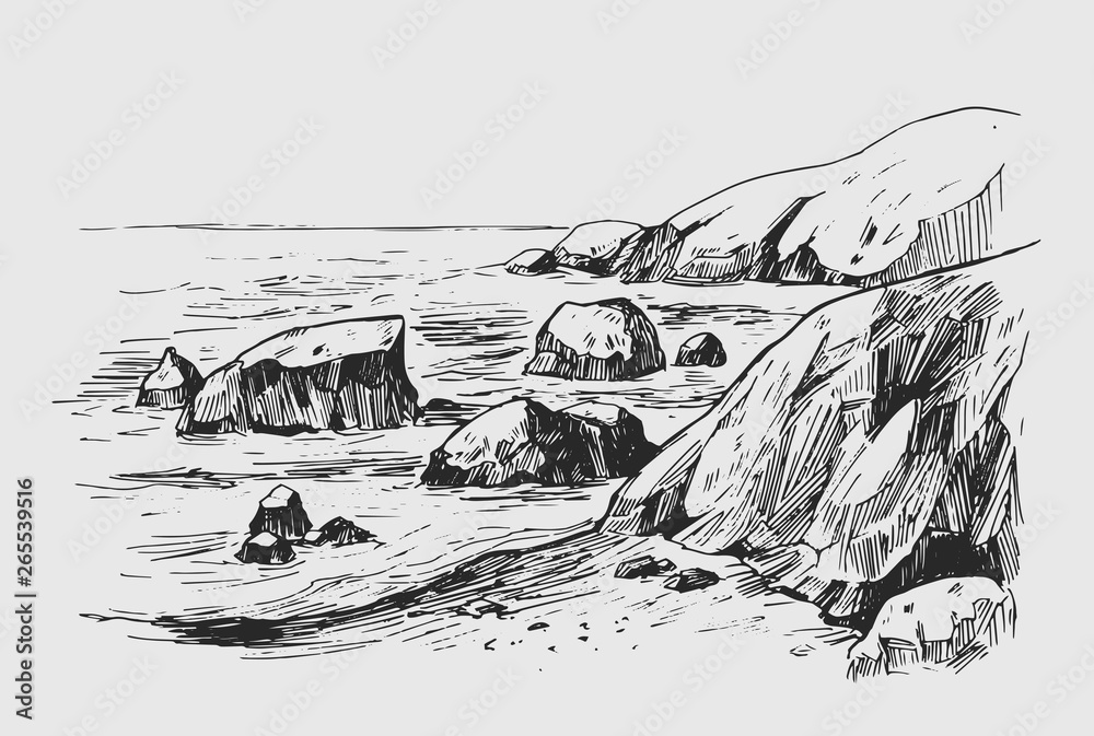 Sea sketch with rocks and mountains. Hand drawn illustration converted ...