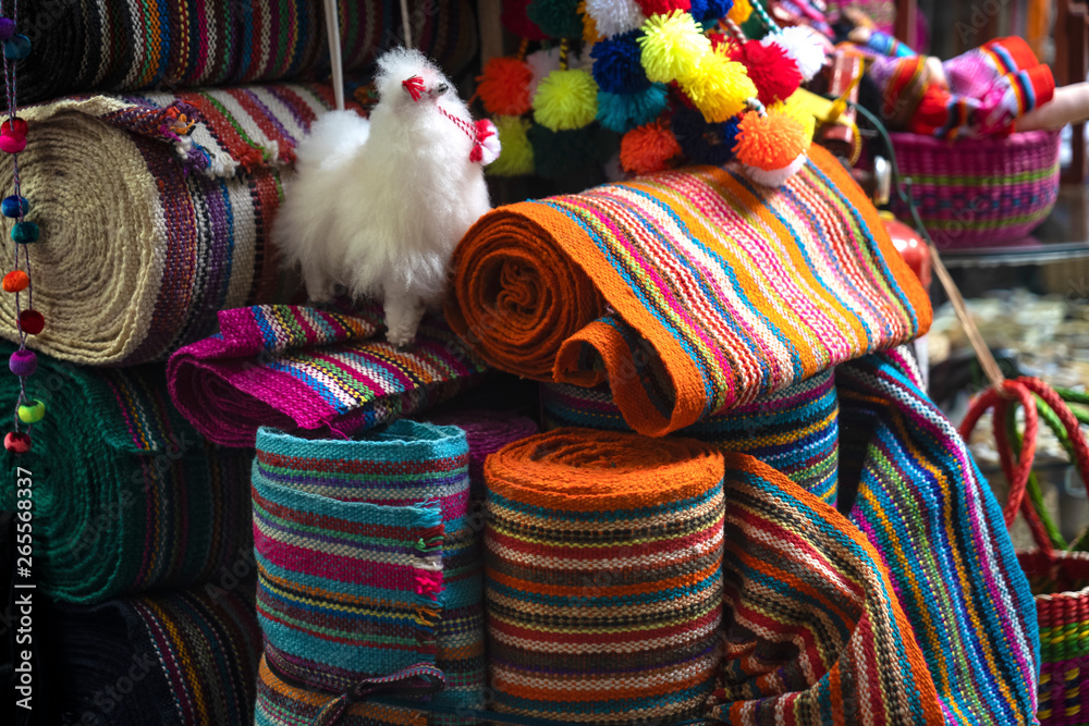 Colorful Peruvian artisanal textiles cloth with inca and traditional ...