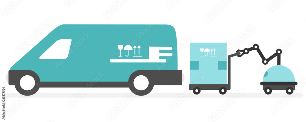 Vector illustration with robot loader loads boxes into a car ...