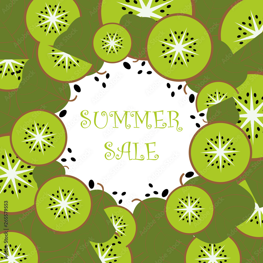 Cute card template with kiwi slices, leaves and seeds and a text sample ...