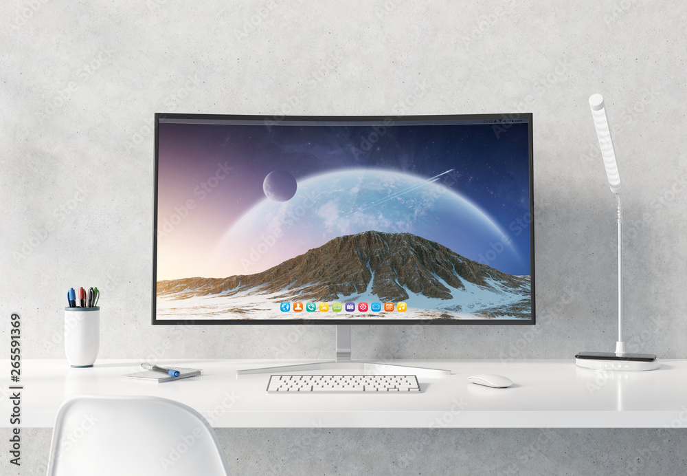 Curved monitor on white desktop concrete interior mockup 3D rendering ...