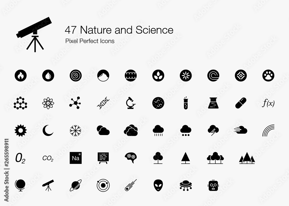Vecteur Stock 47 Nature and Science Pixel Perfect Icons (Filled Style ...