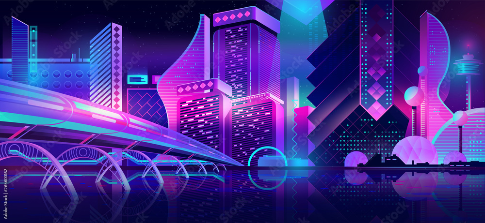 Future metropolis streets night skyline cartoon vector with illuminated ...