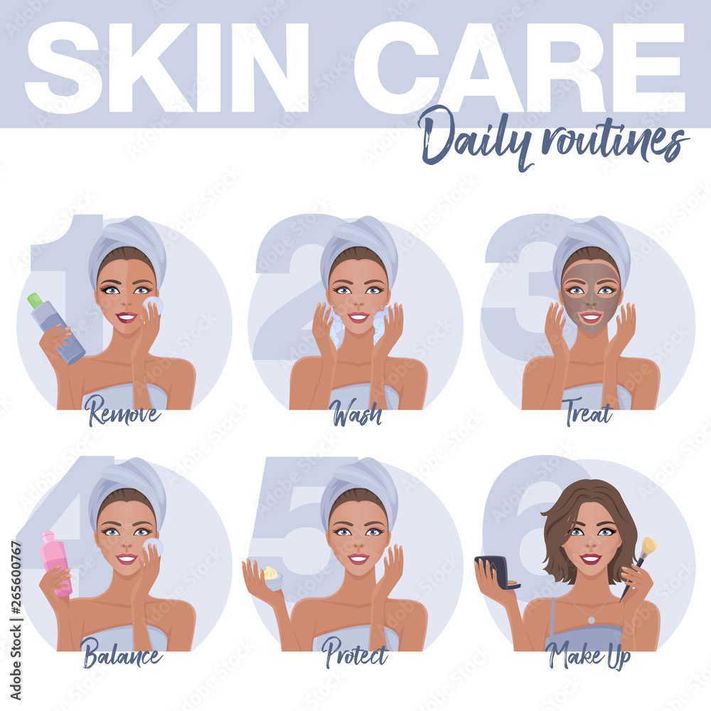 Skin care daily routines icon set. Vector illustration of female ...