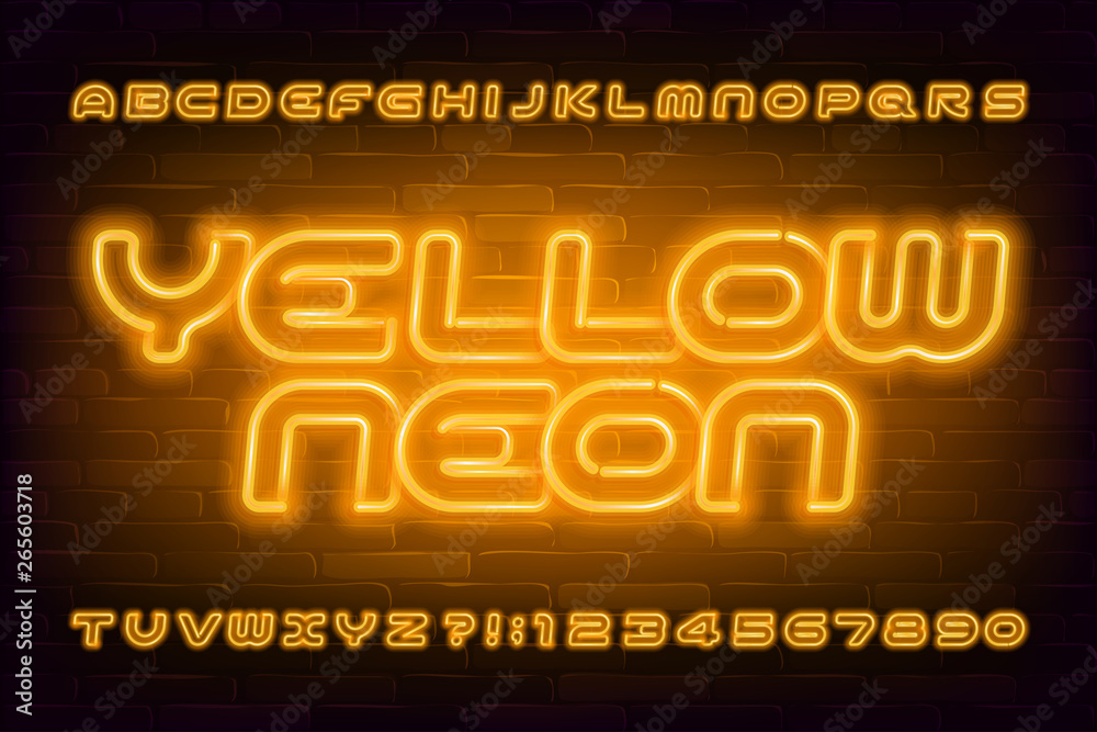 Yellow neon alphabet font. Light bulb modern letters and numbers. Stock ...