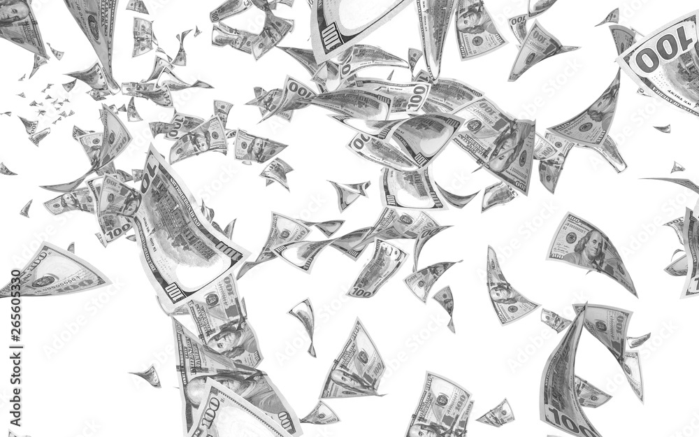 Flying dollars banknotes isolated on white background. Money is flying ...