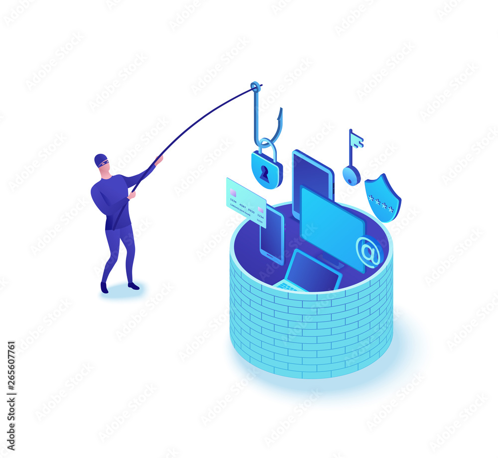 Phishing attack concept, data theft 3d isometric vector illustration ...