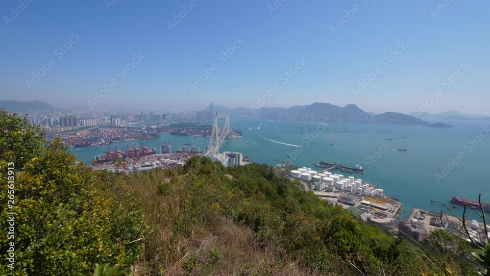 South cape of Tsing Yi island from height, green nature and industrial ...