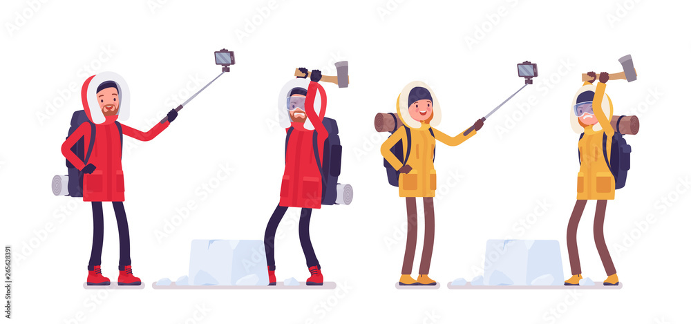 Winter hiking man, woman enjoy outdoor activity. Male, female tourist ...