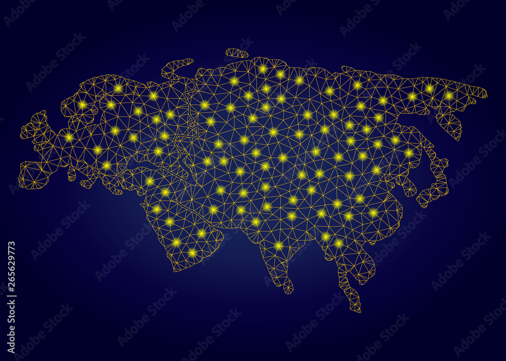 Yellow mesh vector Europe and Asia map with flare effect on a dark blue ...