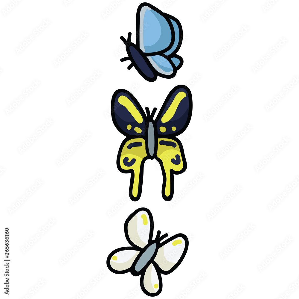 Cute butterfly species cartoon vector illustration motif set. Hand ...