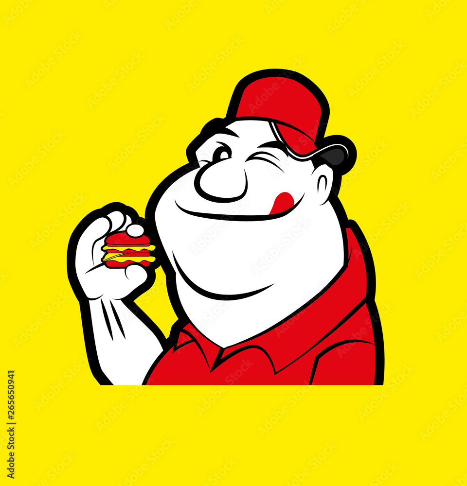 Cartoon funny fat man mascot holding a big burger in yellow background ...