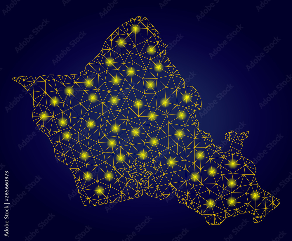 Yellow mesh vector Oahu Island map with flare effect on a dark blue ...