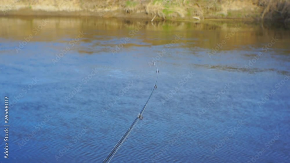 End of the fishing rod is bent from the bite of fish on feeder fishing ...