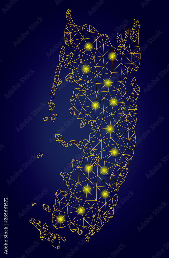 Yellow mesh vector Pemba island map with glare effect on a dark blue gradiented background ...