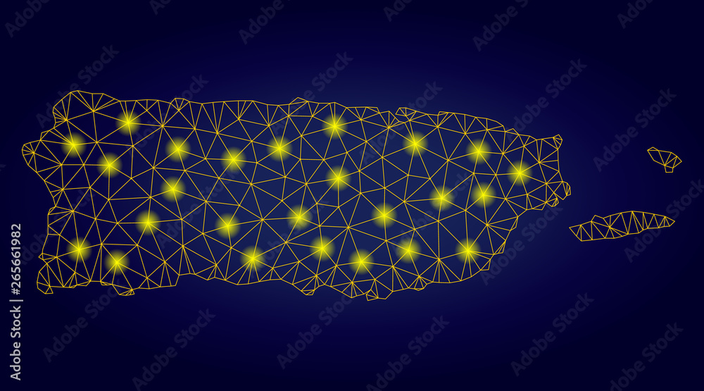 Yellow mesh vector Puerto Rico map with flare effect on a dark blue ...