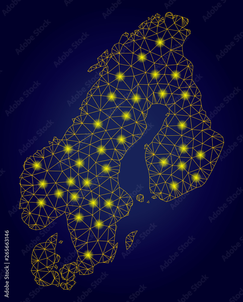 Yellow mesh vector Scandinavia map with glitter effect on a dark blue ...