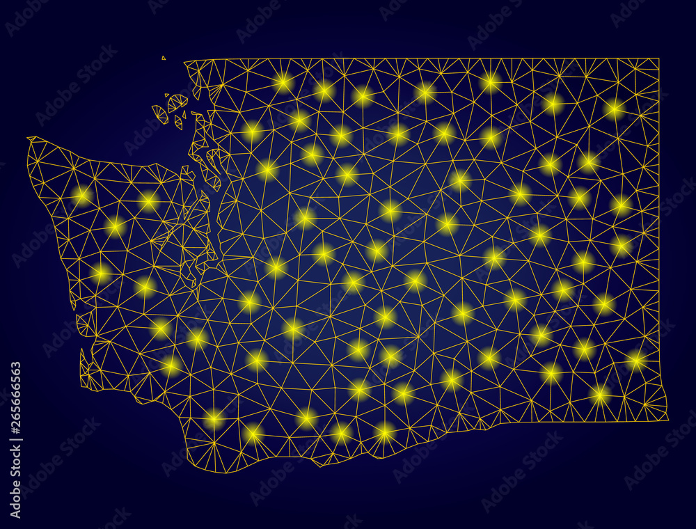 Yellow mesh vector Washington State map with glow effect on a dark blue ...