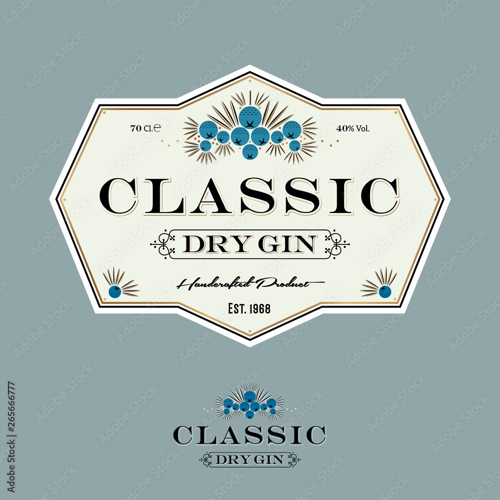 Classic gin label. Juniper berries with leaves and letters. Geometrycal ...