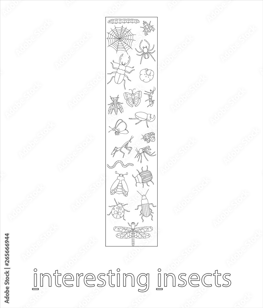 Black and white alphabet letter I. Phonics flashcard. Cute letter I for ...