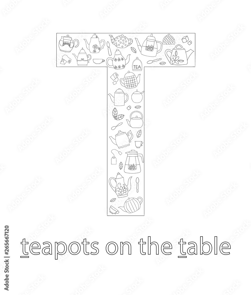 Black and white alphabet letter T. Phonics flashcard. Cute letter T for ...