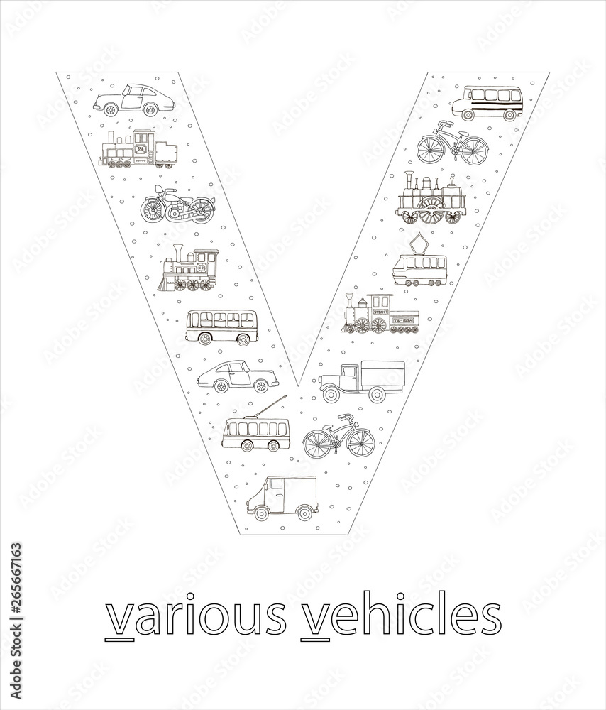 Black and white alphabet letter V. Phonics flashcard. Cute letter V for ...