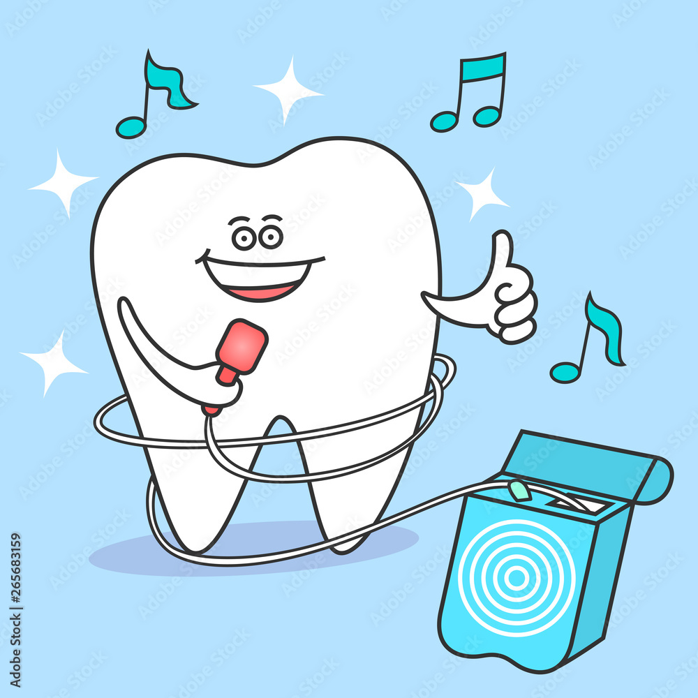 Cartoon tooth with dental floss. Flossing and cleaning teeth. Dental ...