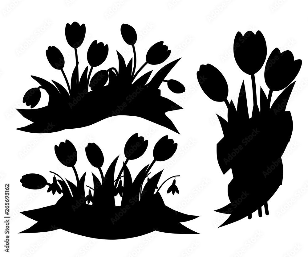 Black silhouette. Spring decorative bouquet of pink tulip and galantus ...