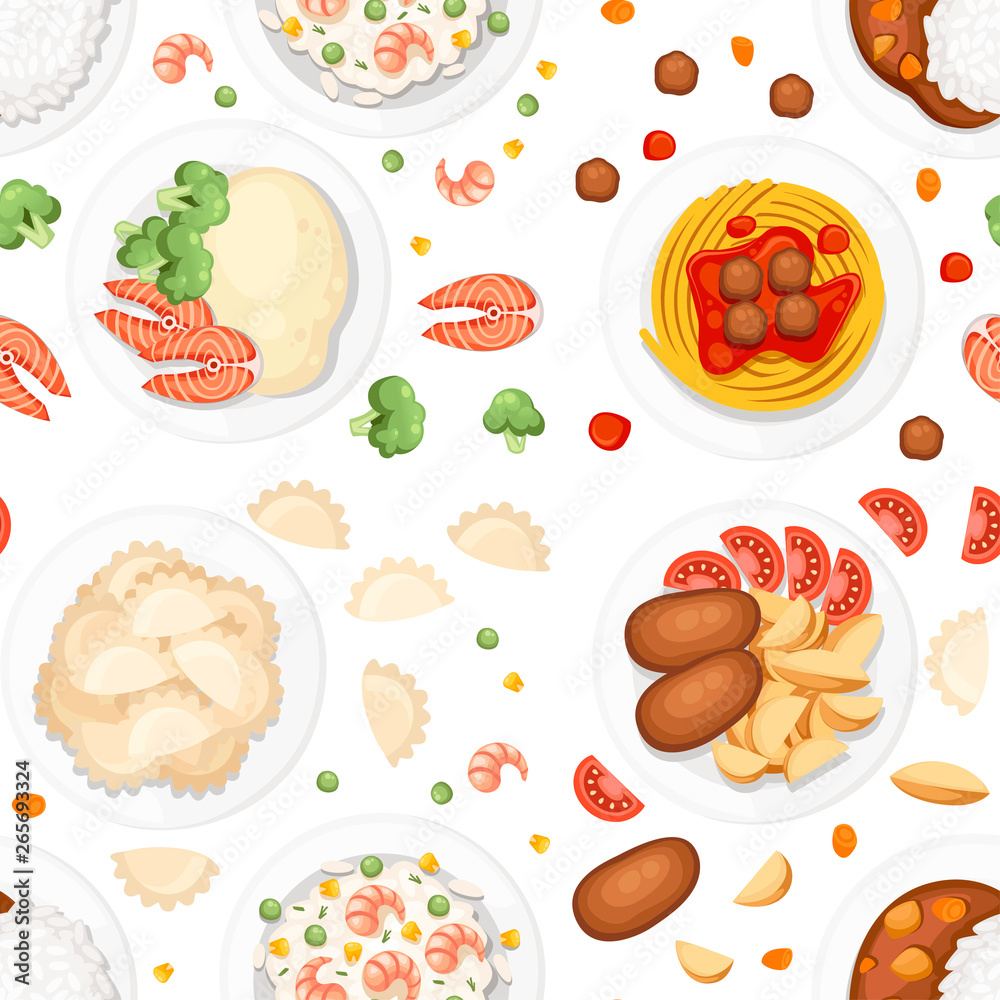 Seamless pattern. Different dishes on the plates. Traditional food from ...