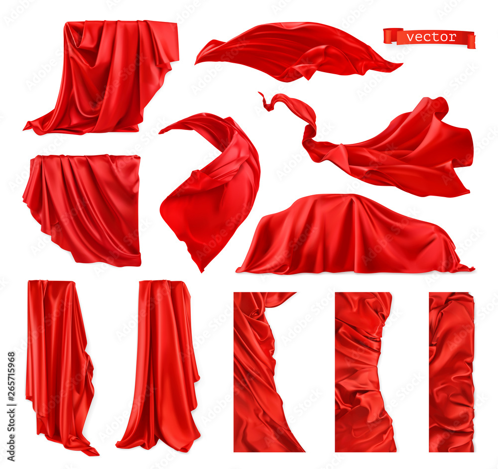Vecteur Stock Red curtain vectorized image. Drapery fabric 3d realistic vector set Adobe Stock