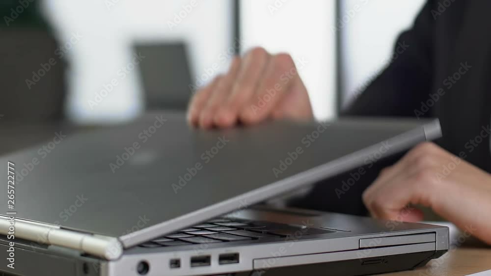 Office woman closing laptop leaving workplace, finishing project, end ...