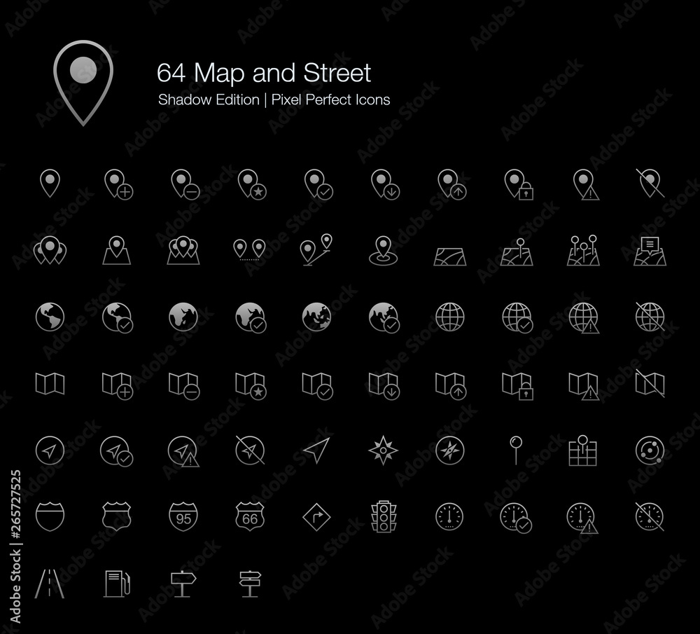 54 Map and Street Pixel Perfect Icons (line style) Shadow Edition. Set ...