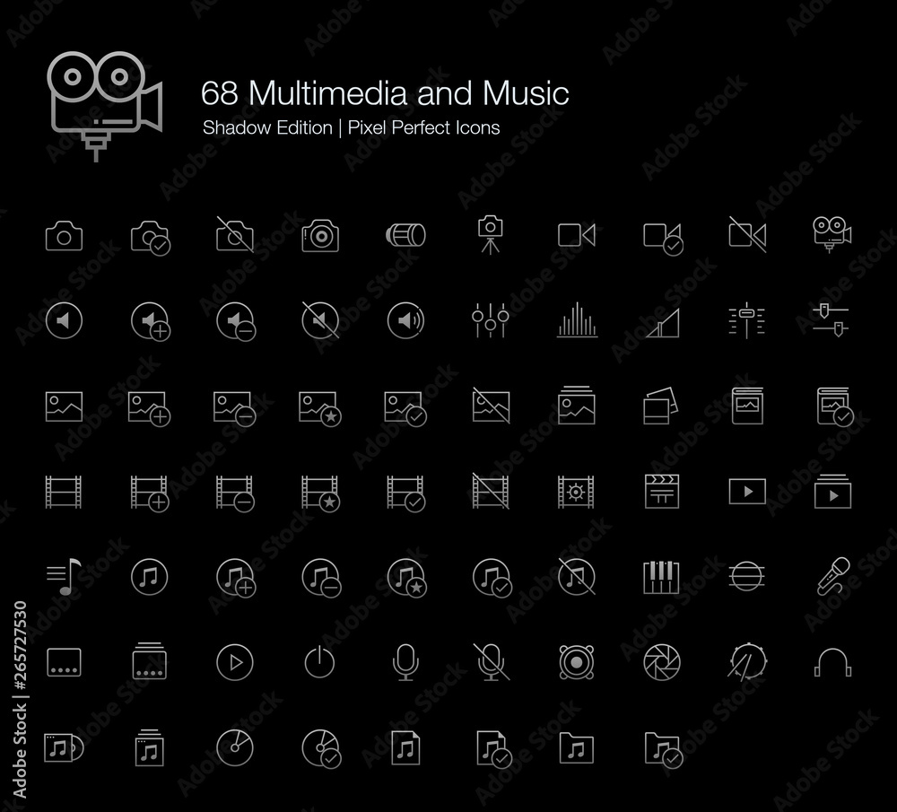Multimedia and Music Pixel Perfect Icons (line style) Shadow Edition ...
