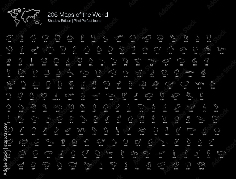 Maps of the World Pixel Perfect Icons (line style) Shadow Edition. Set ...