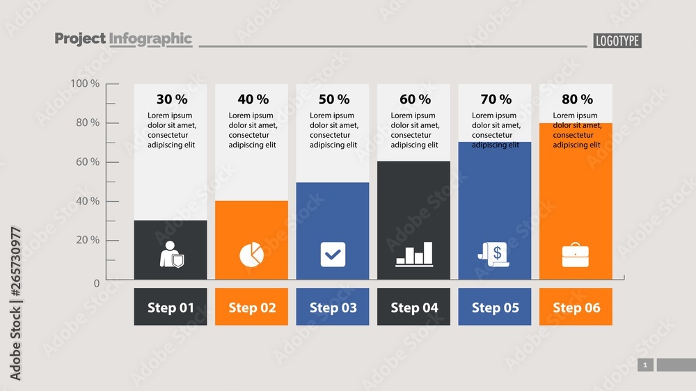 Six columns bar chart slide template. Business data. Step, diagram ...