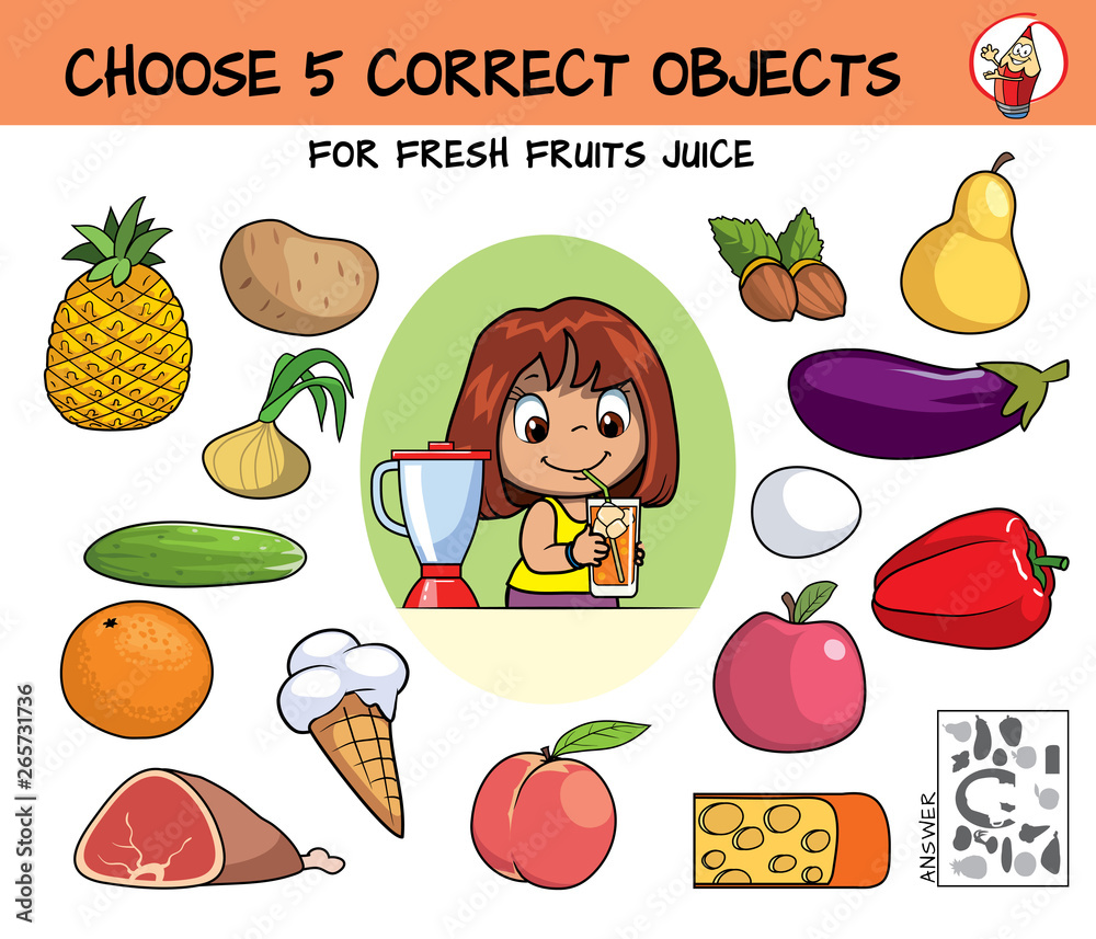Choose 5 correct objects for fresh fruits juice. Educational matching ...