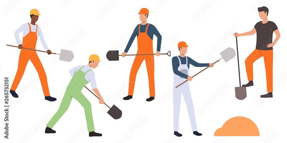 Collection of laborers using shovels. Bundle of workmen digging grounds ...
