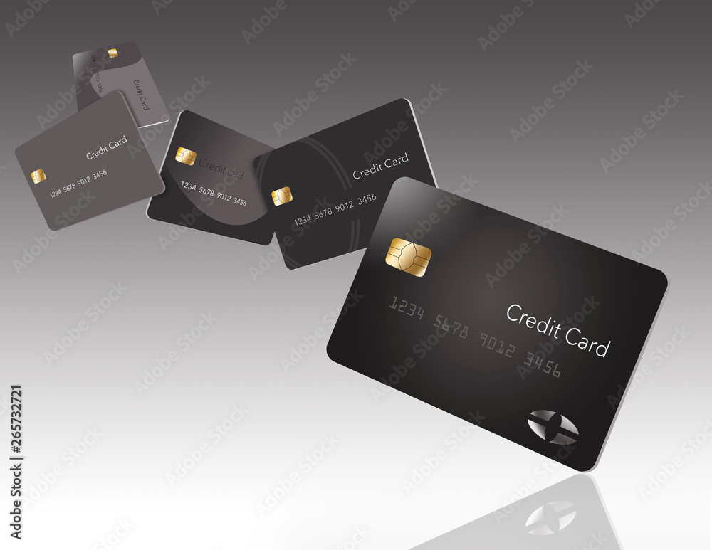 Five black and grey credit cards with golden EMV security chips are ...