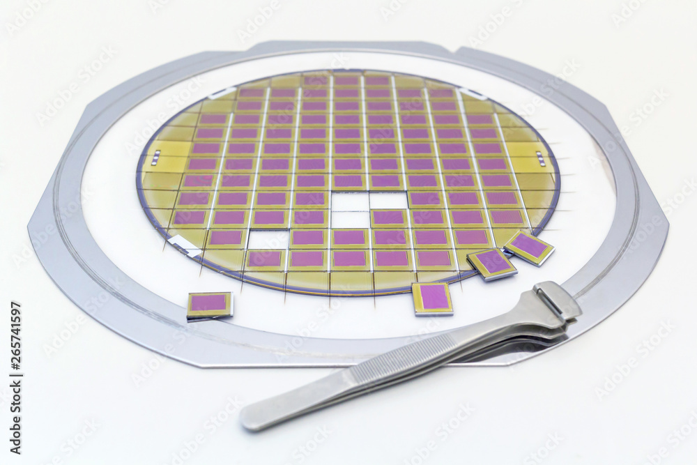 Silicon wafer with microchips, fixed in a holder with a steel frame on ...