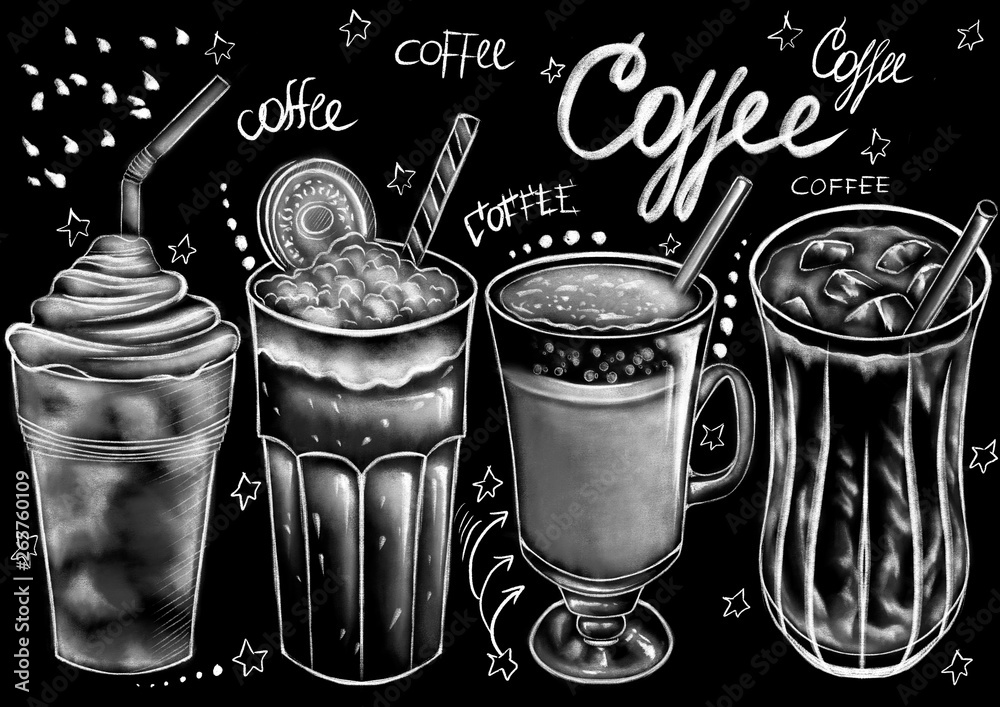 White cafe menu. Chalk drawn style food, package and calligraphy words ...