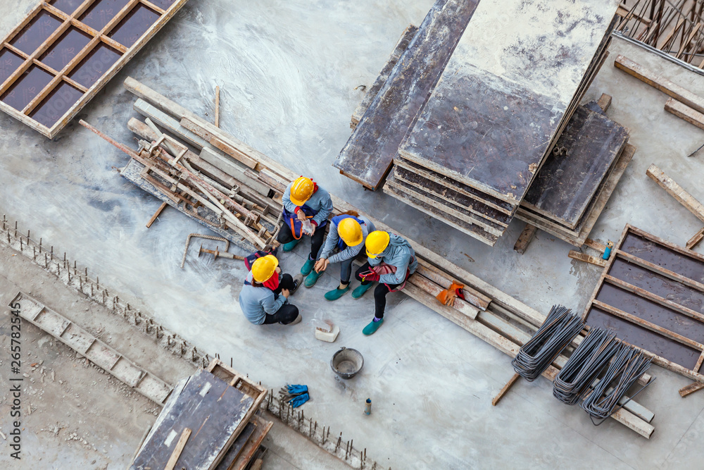 Construction workers are relaxing.Top view angle of the building ...