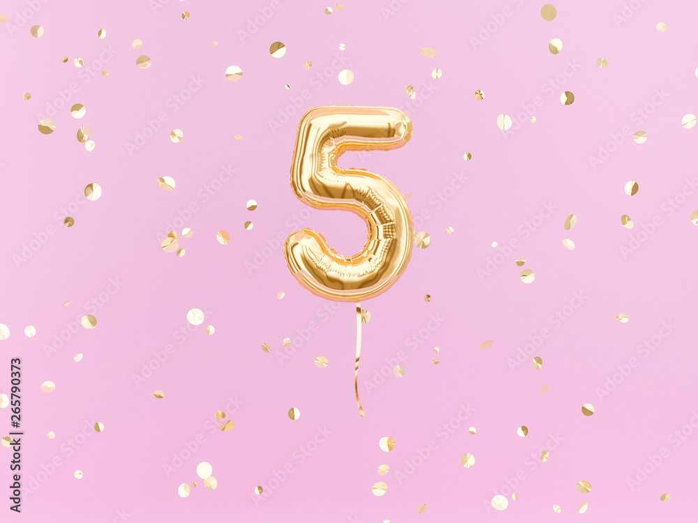 Five year birthday. Number 5 flying foil balloon on pink. Five-year ...
