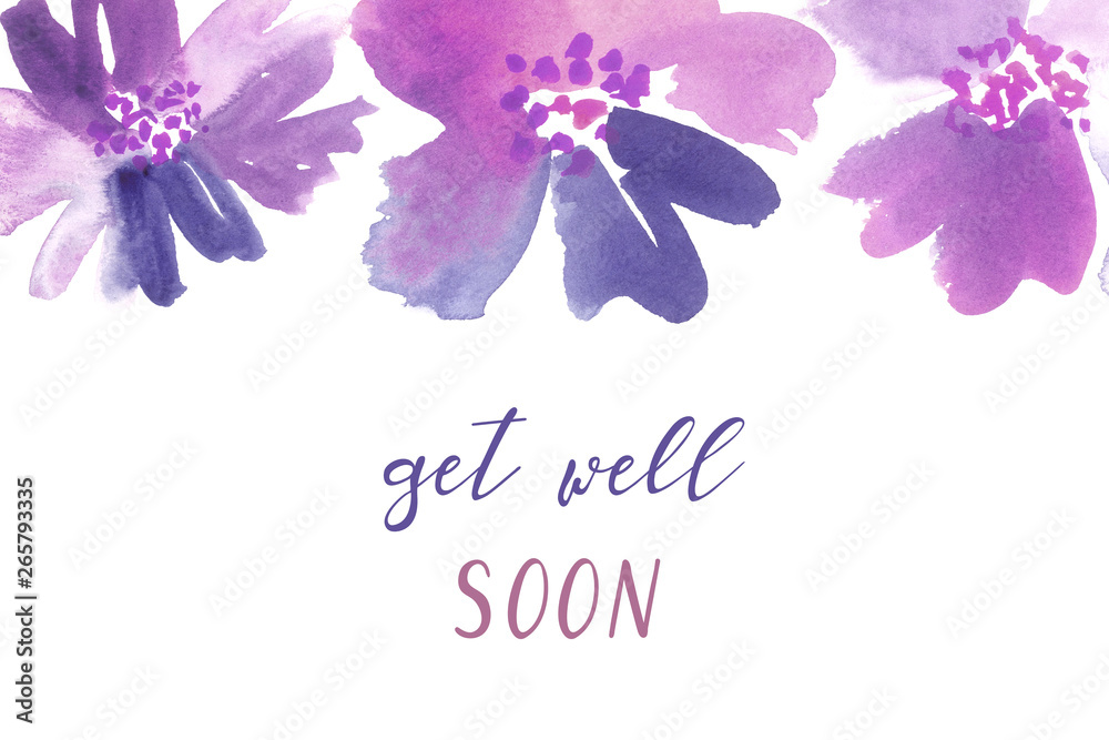 Get-well card template. Watercolor floral border in purple and blue ...